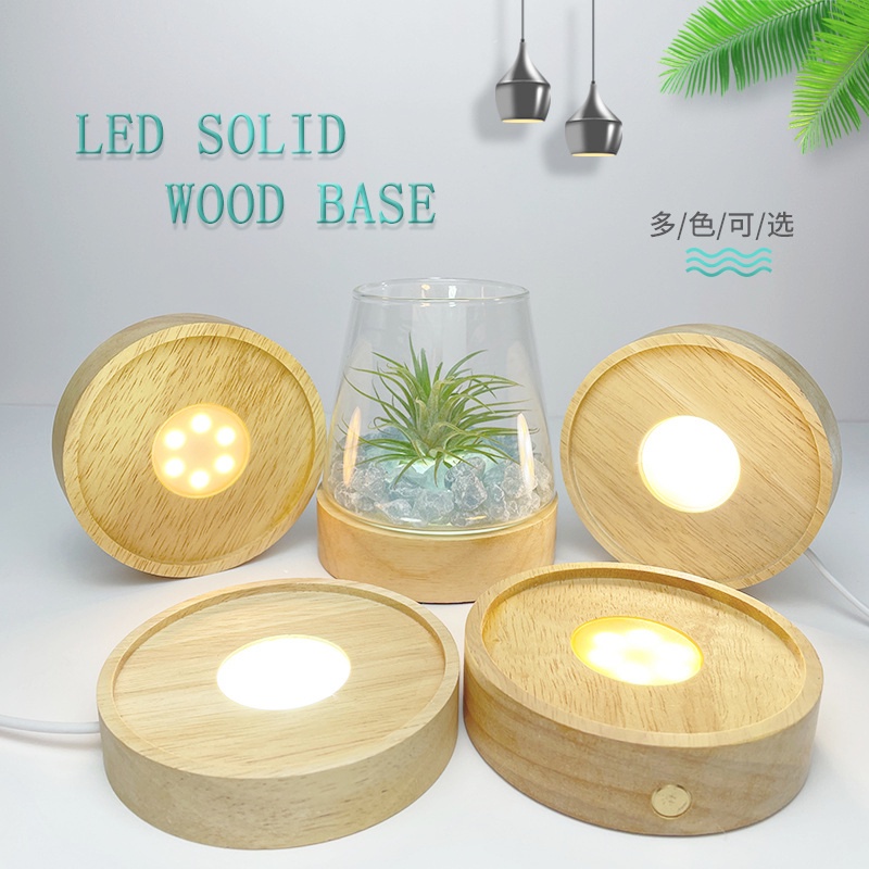 Salt Lamp Base Rechargeable Touch Night Light Round Wooden LED Light ...