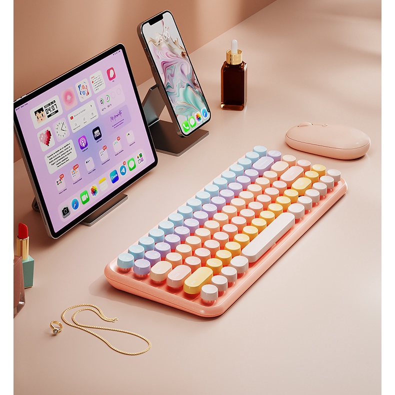 Bow Dual Mode Bluetooth Keyboard And Mouse Set Retro Round Keycap 2 4g Usb Wireless Laptop Phone