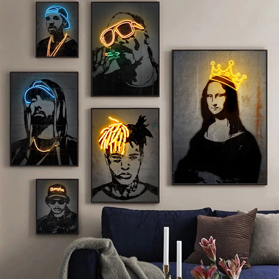 Abstract Neon Effect Hip Pop Rapper Singer Star Posters Canvas Painting ...