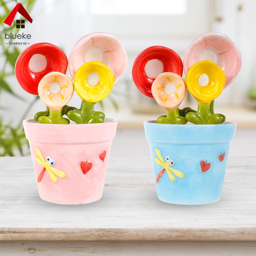4Pcs Flower Measuring Spoons Set in Pot Cute Ceramic Measuring Spoons ...