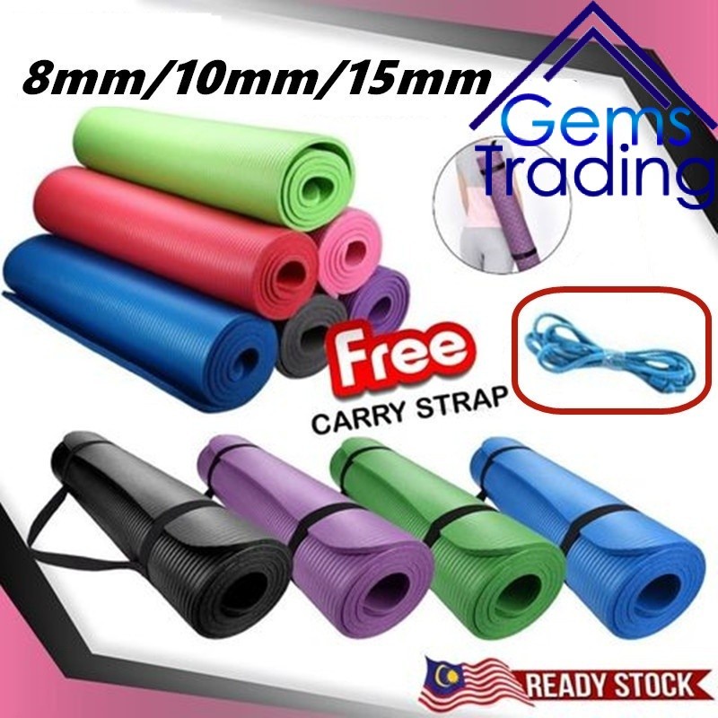 8/10/15MM YOGA MAT NBR Non-Slip Mat (183cm x 61cm x 10mm) FREE STRAP ...