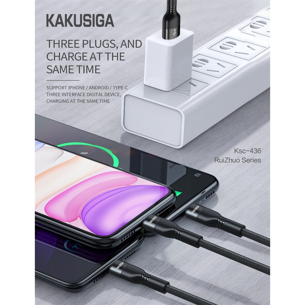 KAKUSIGA 3 in 1 3.2A Fast Charging Cable Type-C Micro-Usb Cable 1 Meter ...