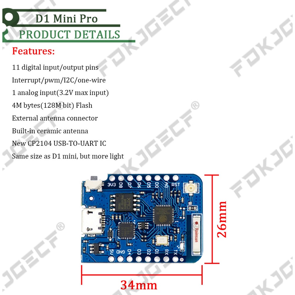 WEMOS D1 Mini Pro 4M 16M Bytes External Antenna Connector NodeMCU Based ...