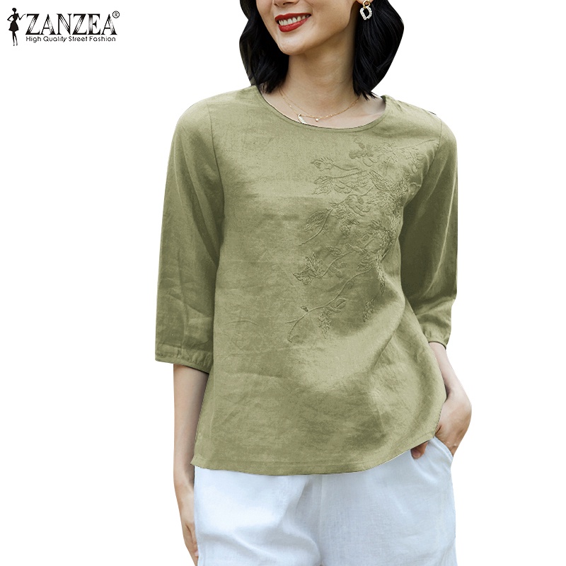 Zanzea Women Korean Six Quarter Sleeves Round Neck Solid Color Blouses