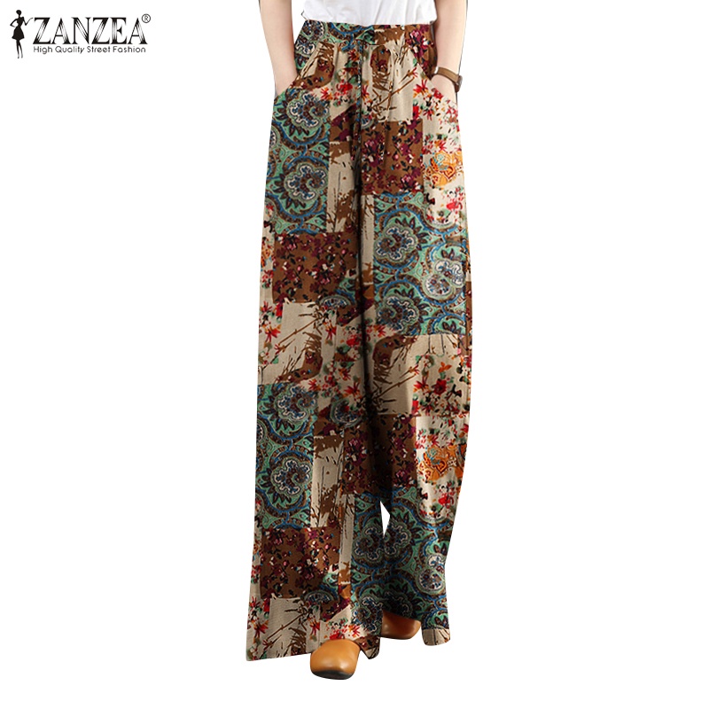 ZANZEA Women Printed Cotton Linen Loose Wide Leg High Waist Straight ...
