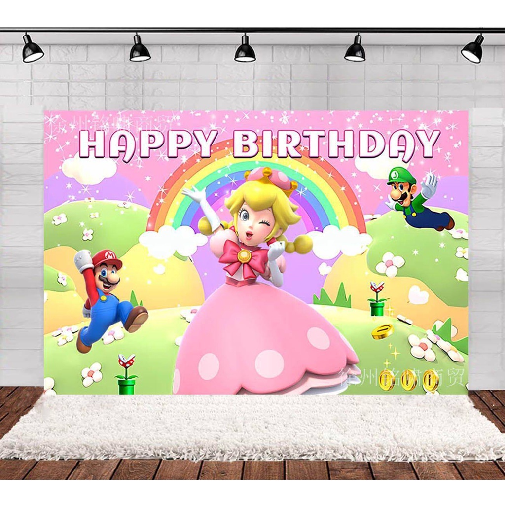 Peach Princess Mario Birthday theme backdrop banner party decoration ...