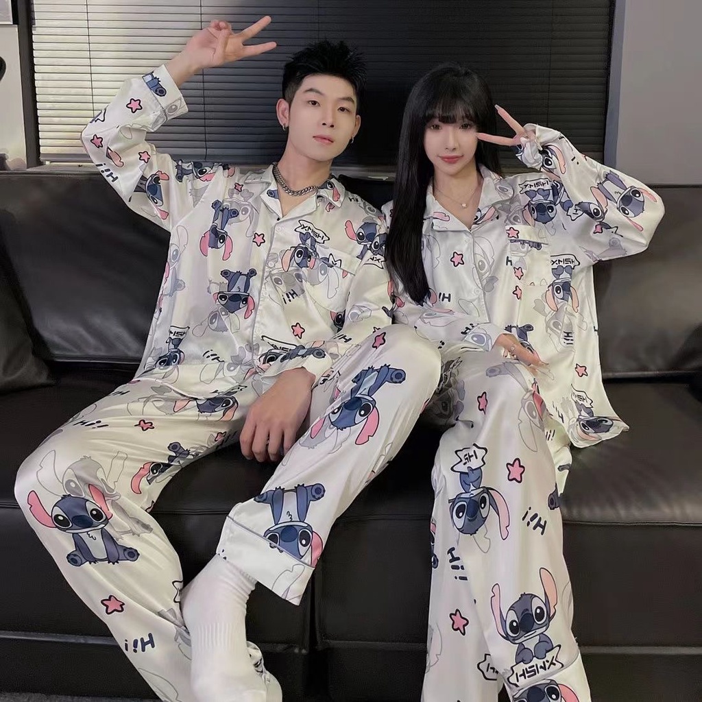 Stitch Pyjamas Couple M-3XL Pajama Terno Silk Sleepwear for Lovers Set ...