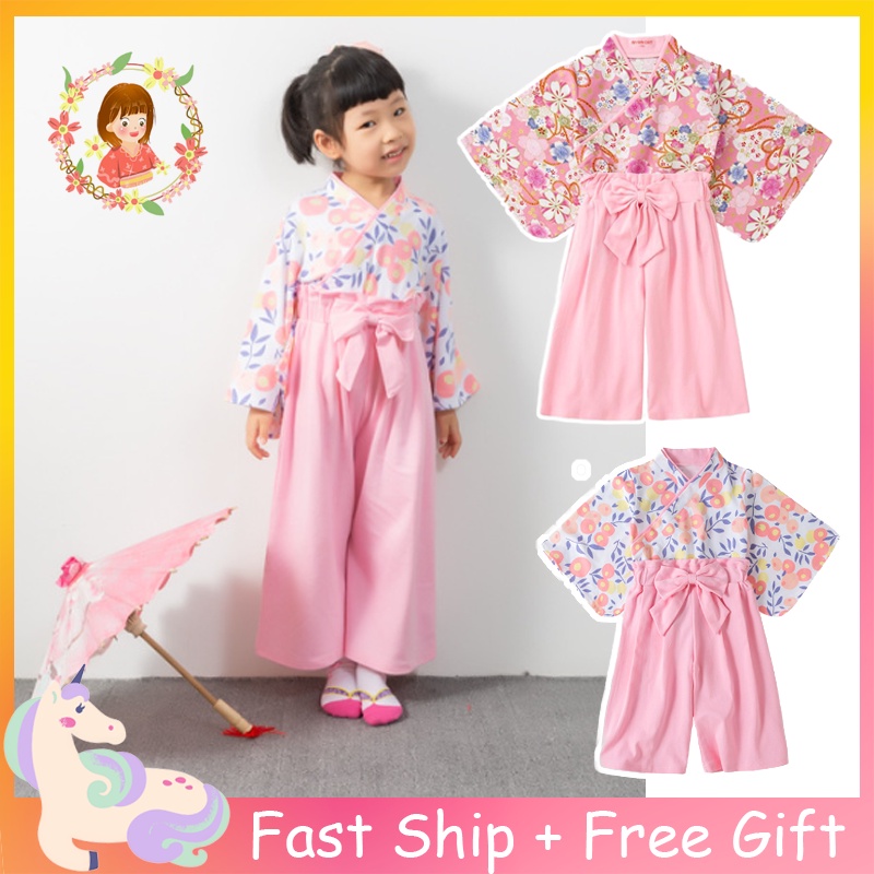 Girls Spring Long Sleeve Pink Japanese Flower Yukata Kimino For 3-8Y ...