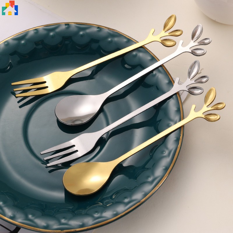 1Pc Stainless Steel Coffee Spoons Golden Branch Leaves Spoon Fruit Fork ...
