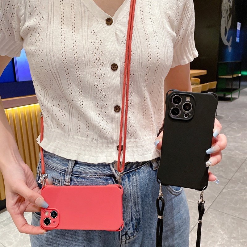 Ins Solid Color Matte Silicone Case With Crossbody Necklace Lanyard ...