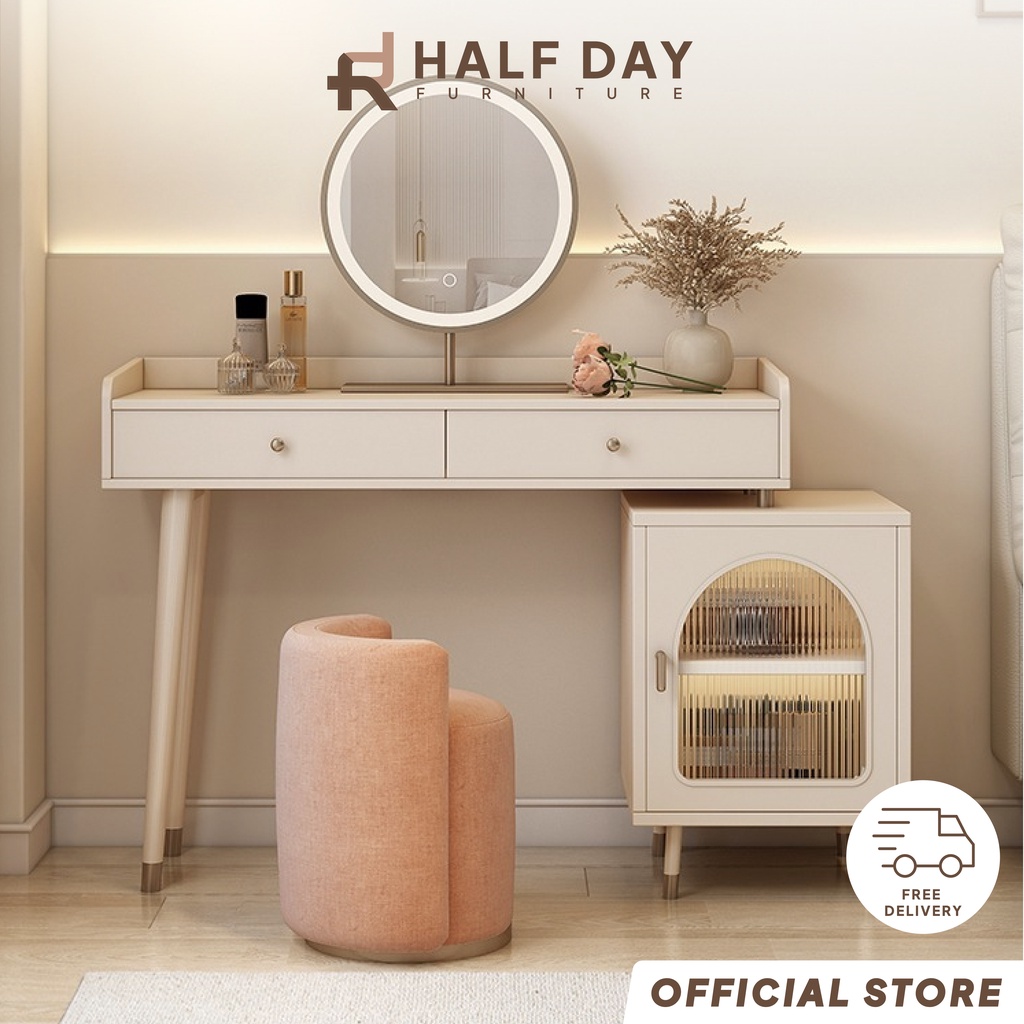 Halfday - Modern Cream Solid Wood Dressing Table with Storage Cabinet ...
