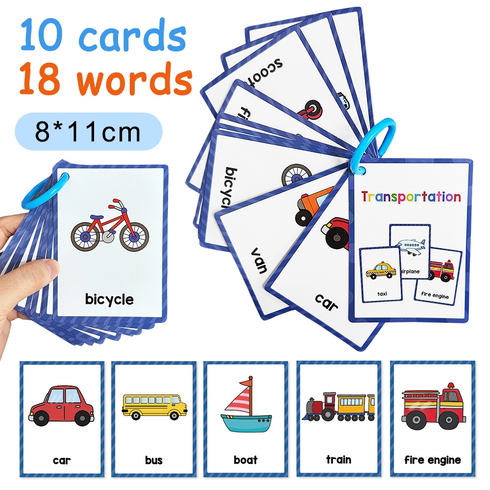 10PCS Transportation Traffic Vehicle Flash Cards English Words Learning ...