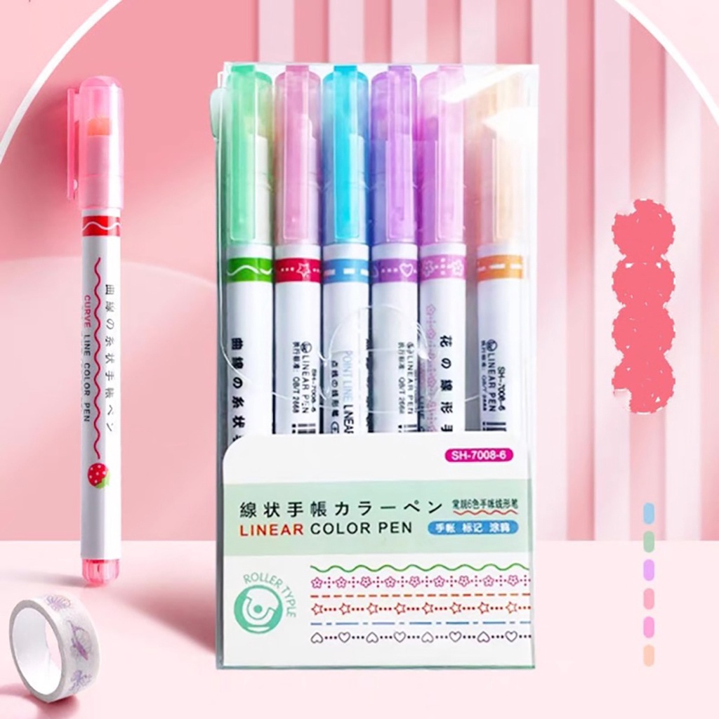 6pcs LINEAR COLOR PEN/Curve Highlighter Focus Marker | Shopee Singapore