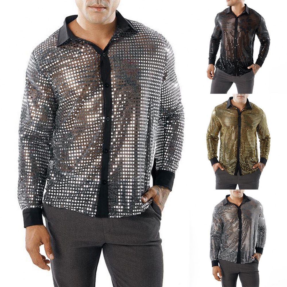 Retro 70s Disco Nightclub Shirt Tops Men's Sequin Embellished Party Dance Shirts | Shopee Singapore