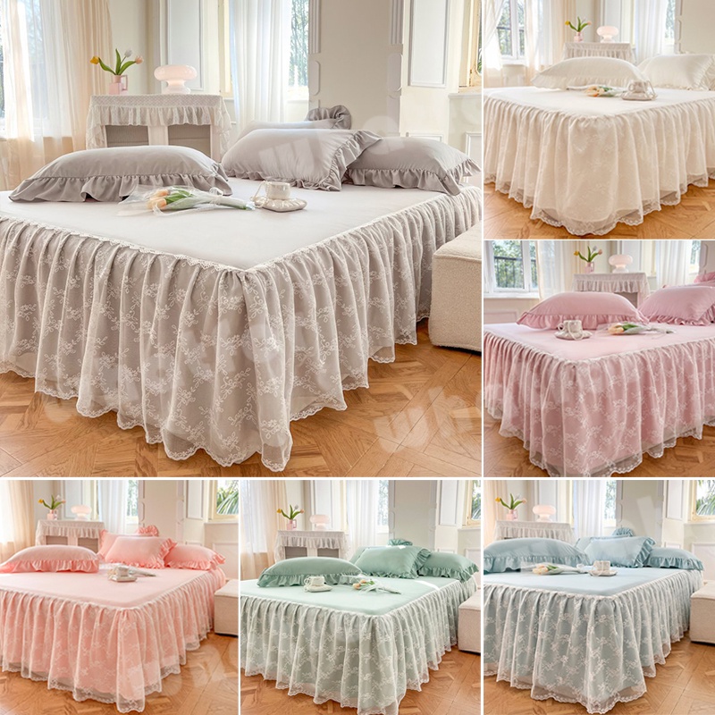 Cotton Bed Sheet With Lace Skirting Princess Style Bed Skirt Pure Color
