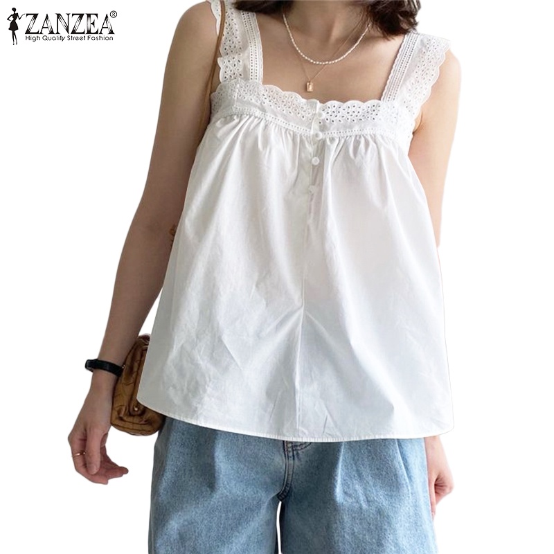 CELMIA ZANZEA Summer Women Spaghetti Strap Tops Square Neck Lace ...