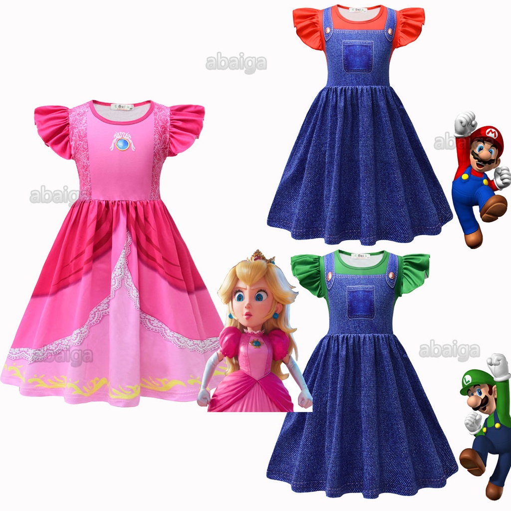 Kids Dress for Girls Cosplay Super Mario Princess Dress Flying Sleeve ...