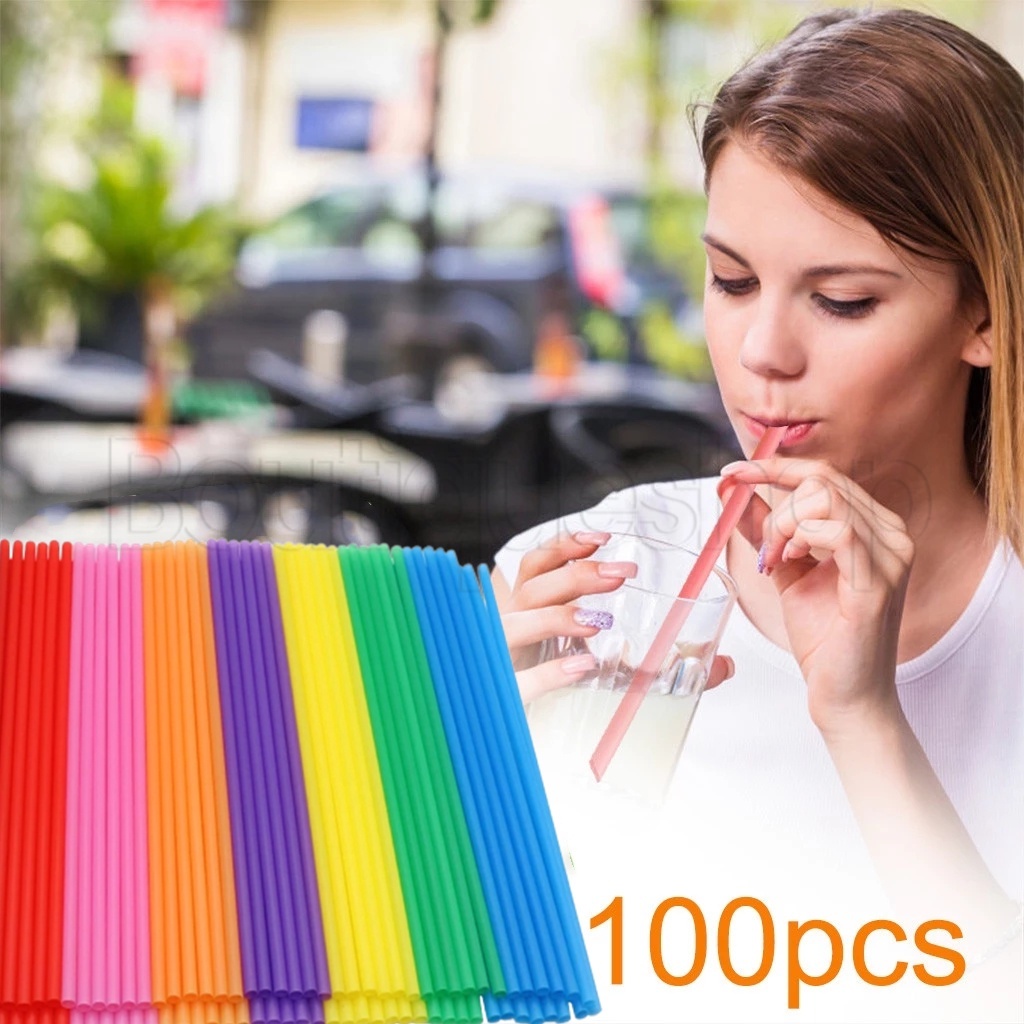 100Pcs/Pack Disposable Color Plastic Straws / DIY Flat Mouth Straight ...