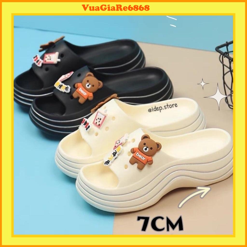 Platform Slippers With Ripple Pattern And Milk Tea Bear Decorated Super ...