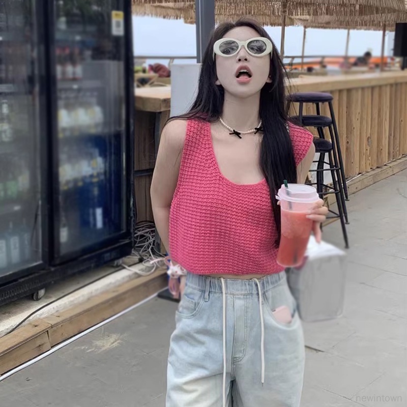 Women's Crop Top Summer Solid Colour Casual Fashion Knitted Sleeveless ...