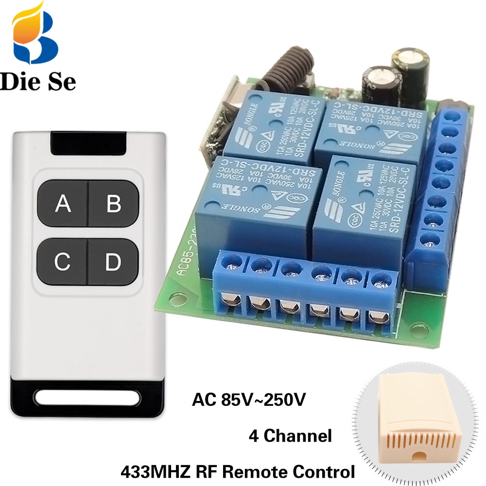 433Mhz RF Universal Remote Control Wireless AC 110V 220V Switch 4 Channel Relay Receiver and ...