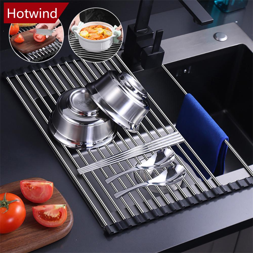 HOTWIND Foldable Stainless Steel Dish Drainer Roll Up Dish Drying Rack ...