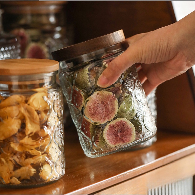 Fast shipping//Glass sealed jars with Nature Wood Lids/Vintage embossed ...