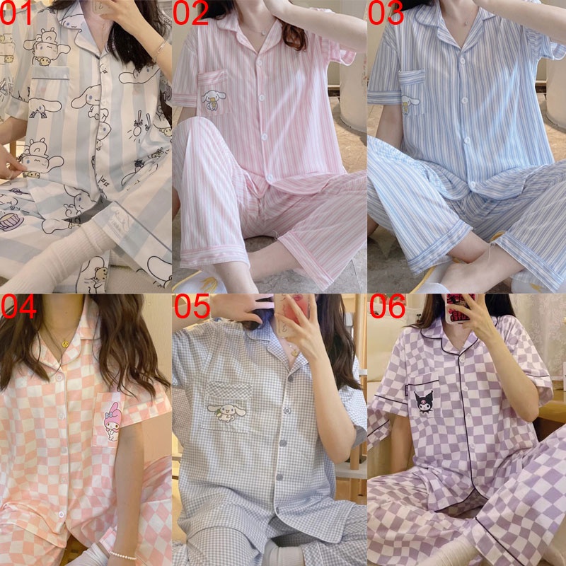 Korean Women Cotton Pyjamas Set Short Sleeve Plaid Leopard Print ...