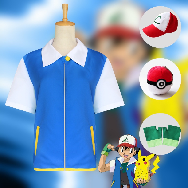 Anime Pokemon Ash Cosplay Costumes Ash Ketchum Top Monster Ball Suit ...