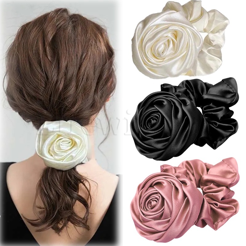 Ladies White Rose Ponytail Holder Girls Satin Glossy Flower French ...