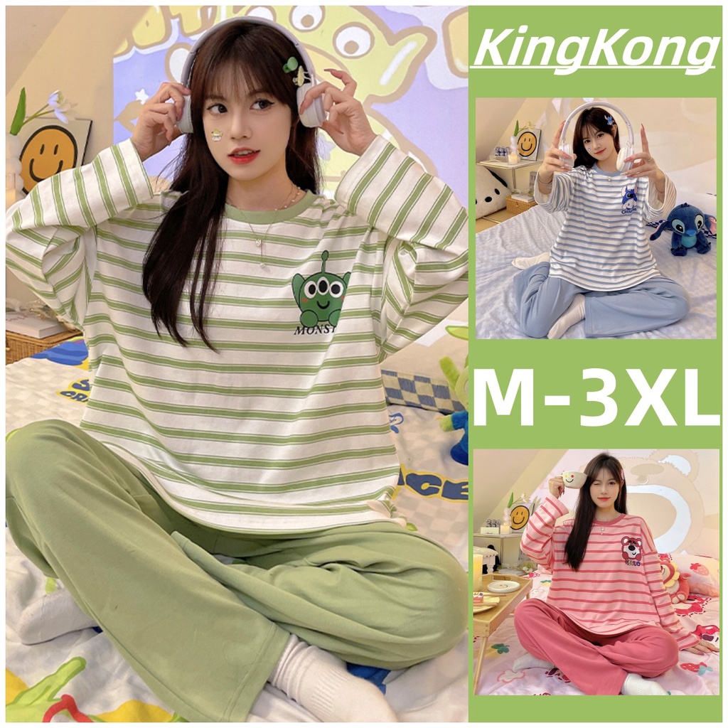 Pyjamas Women Cotton Pajamas Set Korean version Stripe Cartoon Printing ...