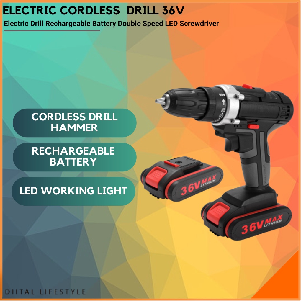 36V Cordless Electric Drill Rechargeable Battery Double Speed LED ...