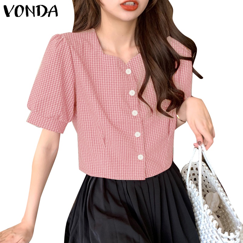 VONDA Women Korean Short Sleeves Puff Sleeves Square Neck Plaid Shirts ...