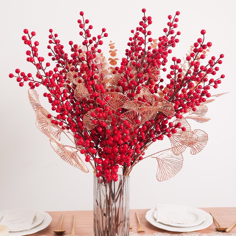 Artificial Red Berry Flowers Bouquet Fake Plant Gold Eucalyptus Xmas ...