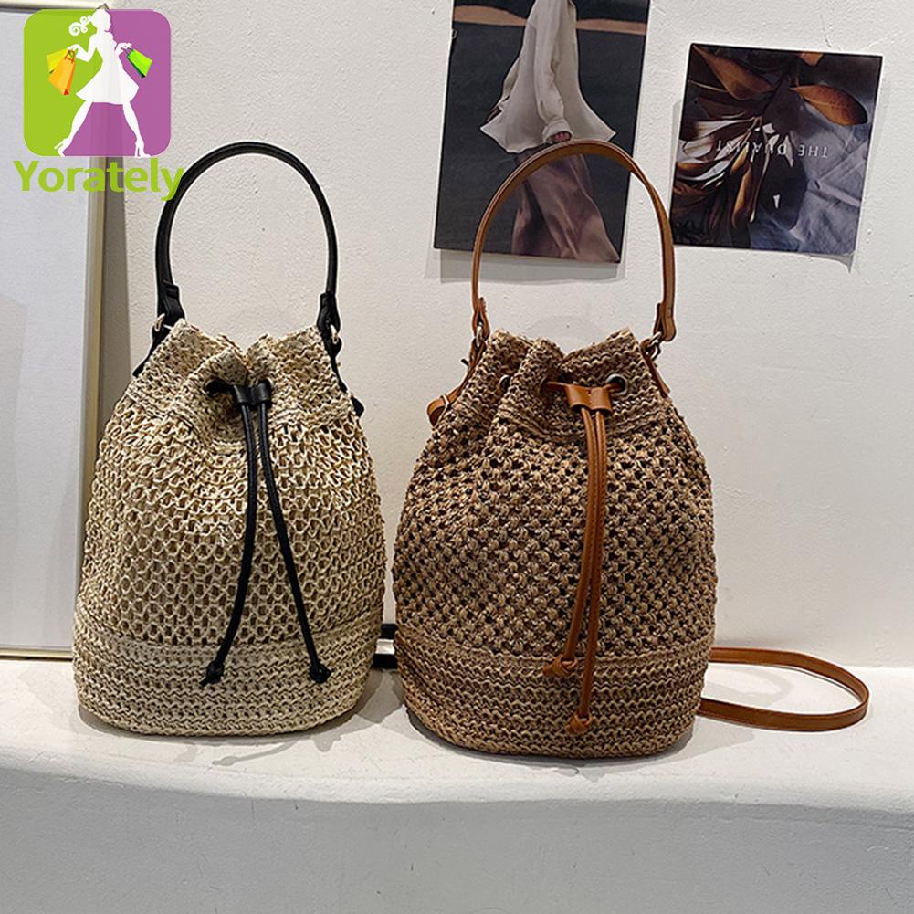 [Yorately.sg] Summer Straw Bucket Bag Drawstring Fashion Shoulder Bag ...