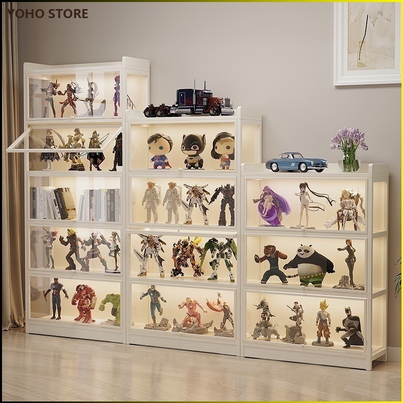 YOHO STORE Display Cabinet Bamboo Dustproof Bookshelf Glass Transparent ...