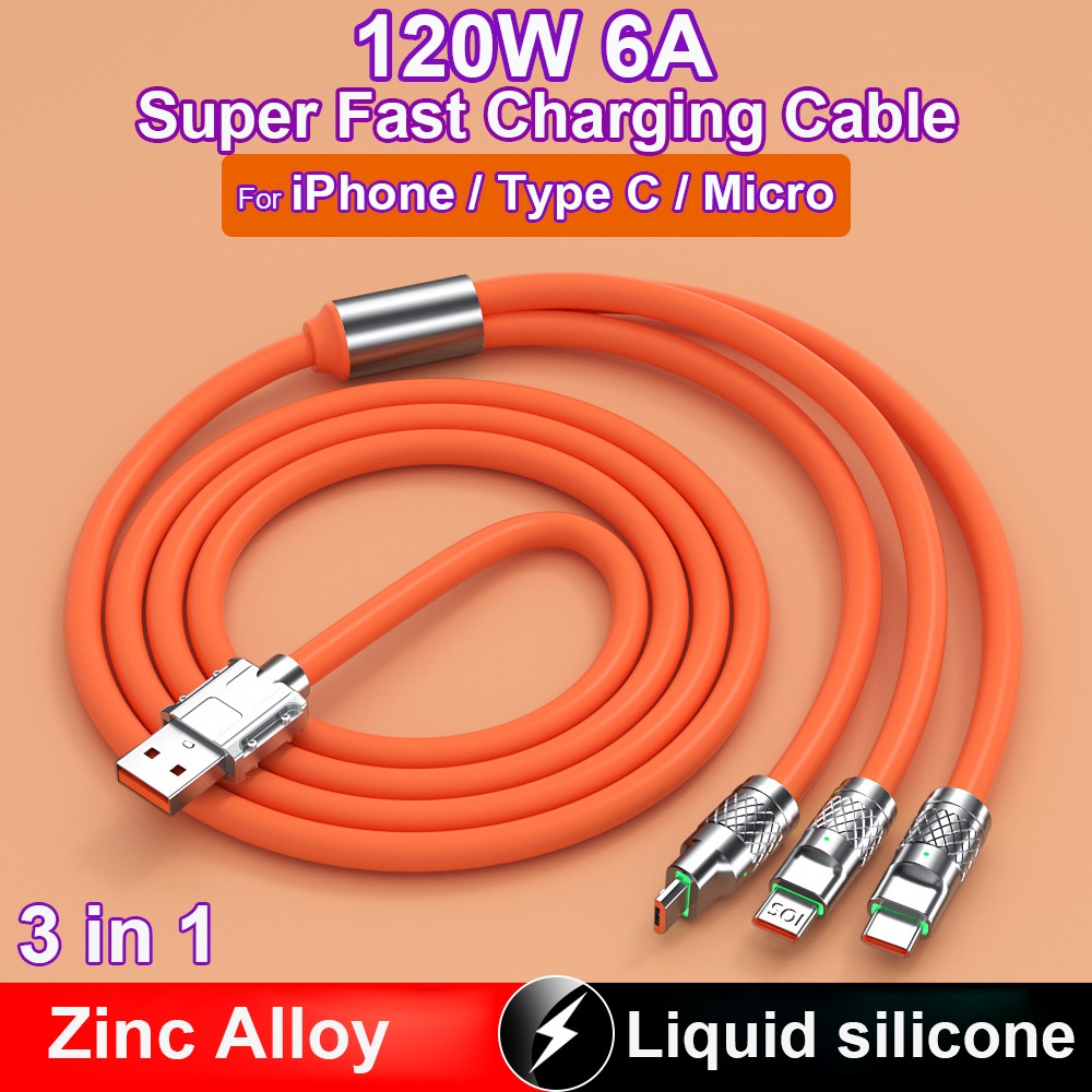 3 in 1 120W Metal Super Fast Charging Cable USB to Type C Micro 6A Fast ...