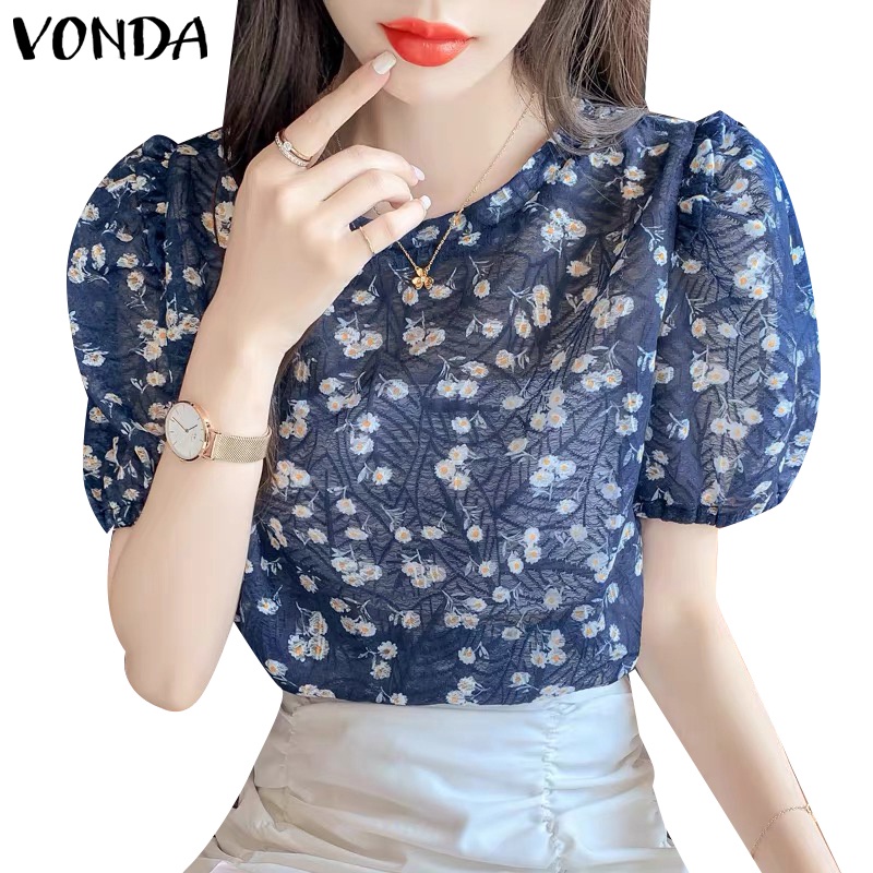 VONDA Women Korean Casual Round Neck Bubble Sleeve H-Shaped Floral ...