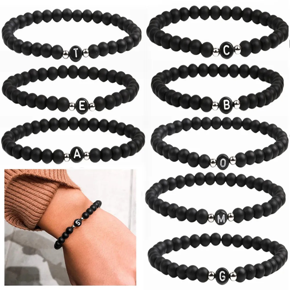 Black White Stone 26 Letters Bracelet Handmade DIY for Women Men Couple ...