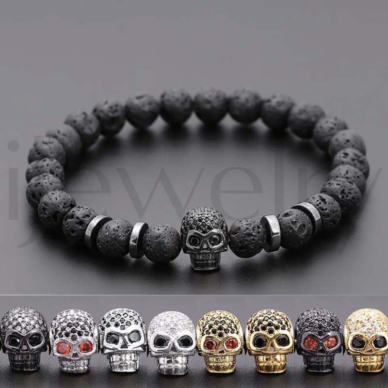 Natural Stone Volcanic Rock Beaded Bracelet, Micro-set Zirconium Skull ...