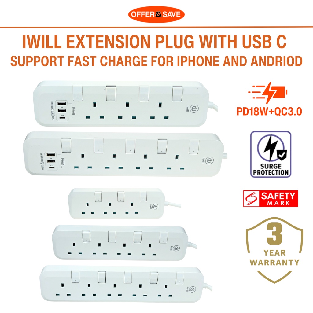 IWILL Extension Plug Power Socket Extension Socket USB A+C Devices ...