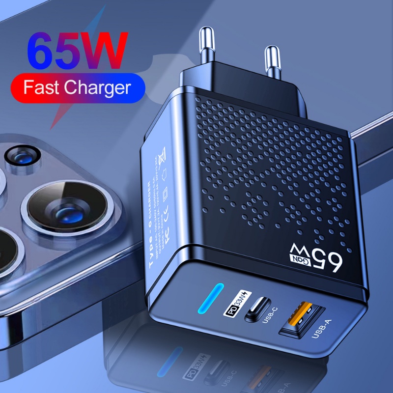 65W 2 in 1 USB-C USB-A Quick Charging Adapter GaN QC3.0 Wall Charger ...