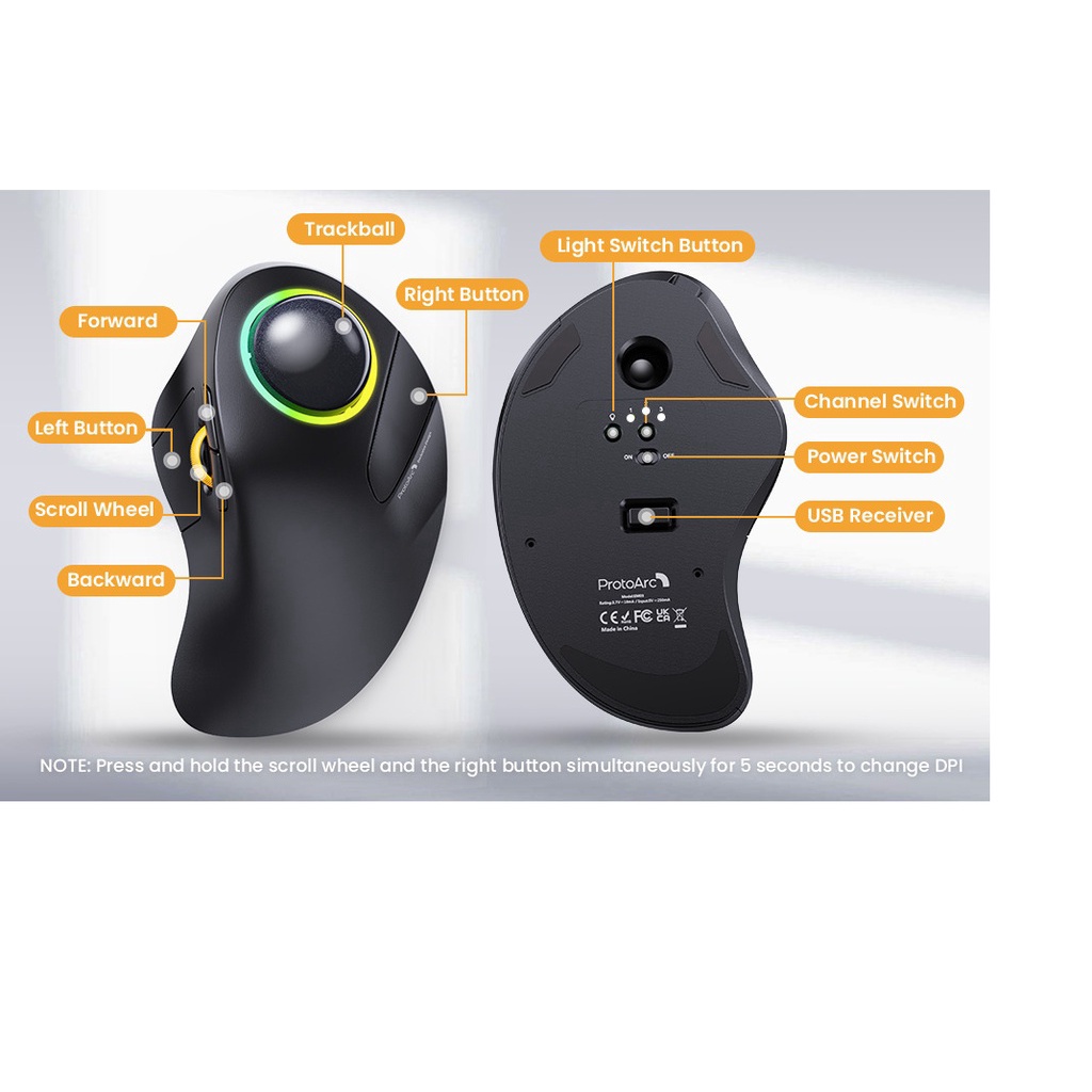 JOMAA RGB Backlit Bluetooth Trackball Mouse Wireless 2.4G Rechargeable ...