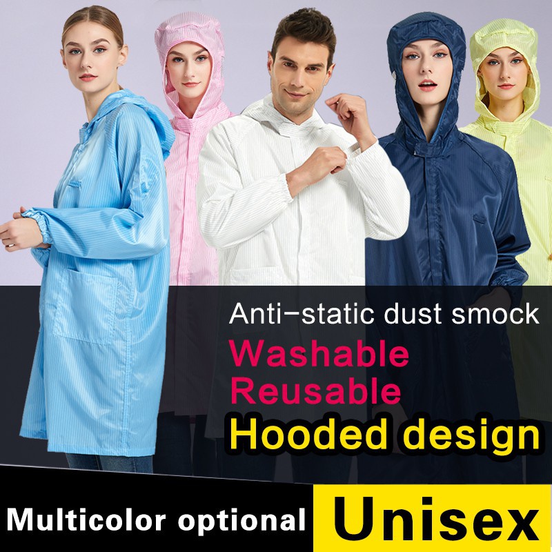 Cleanroom suit ESD smock with hood with zipper round neck anti static ...