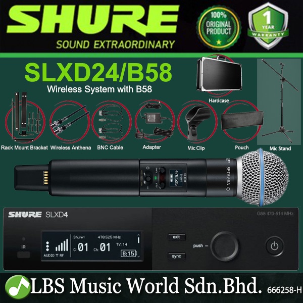 Shure SLXD24/B58 Digital Wireless Microphone System with Beta 58 Handheld Transmitter Mic ...
