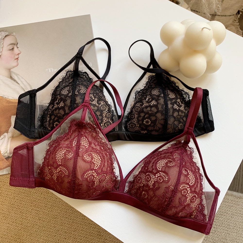 French Underwear Women Small Breast Thin Lace Triangle Cup Wireless Bra ...