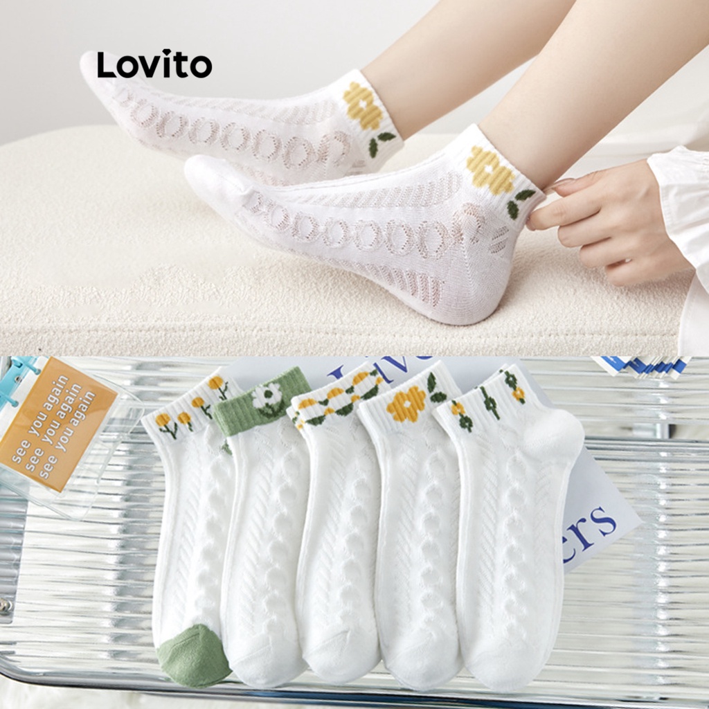 Lovito Cute Floral 5 Pairs Colorblock Socks for Women LNA15012 (Multi ...