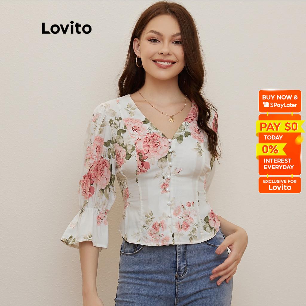 Lovito Floral V Neck Flounce Sleeve Button Blouses For Women L20D016 ...