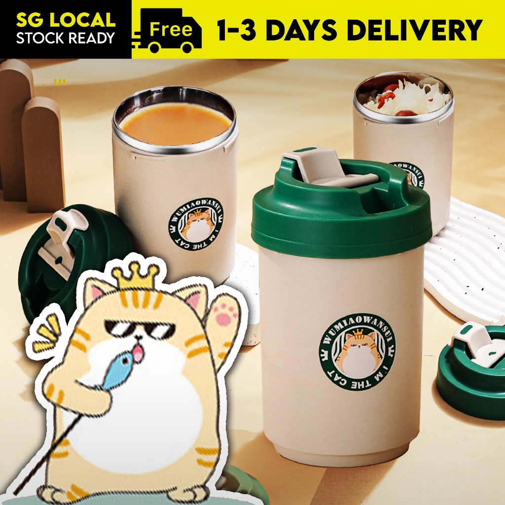 [SG STOCK] Stainless Steel Thermos Coffee Sip Mug Leak Proof Cat Bubble ...