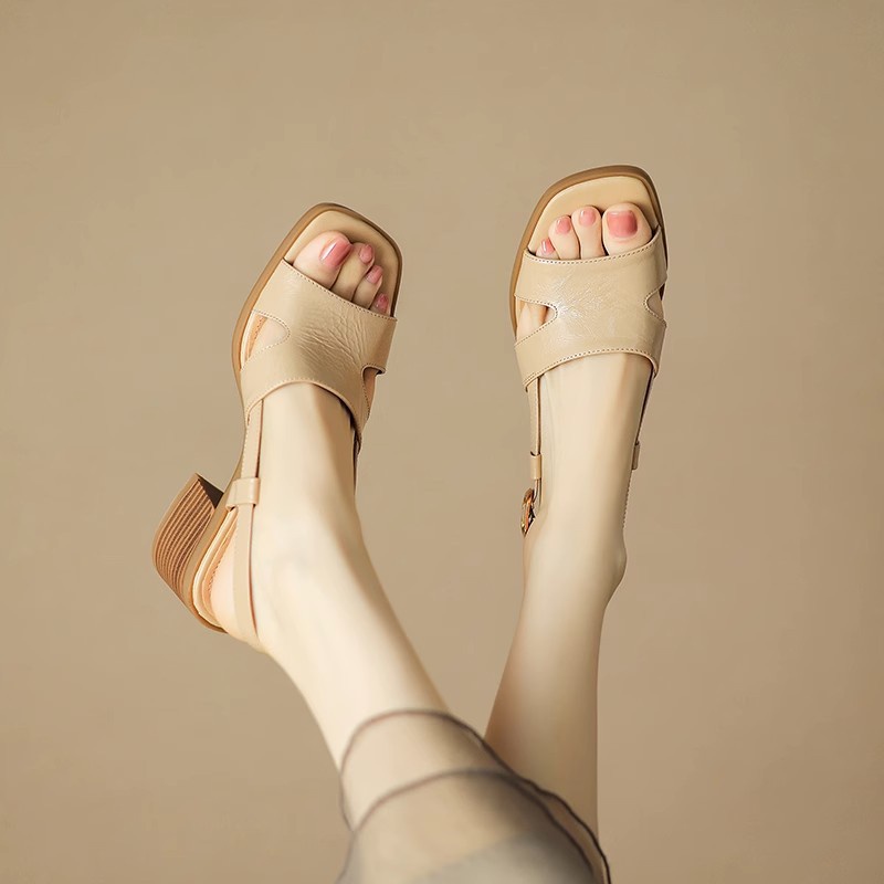 Real Soft Leather Square Toe Open Toe Sandals Women Summer New Style ...